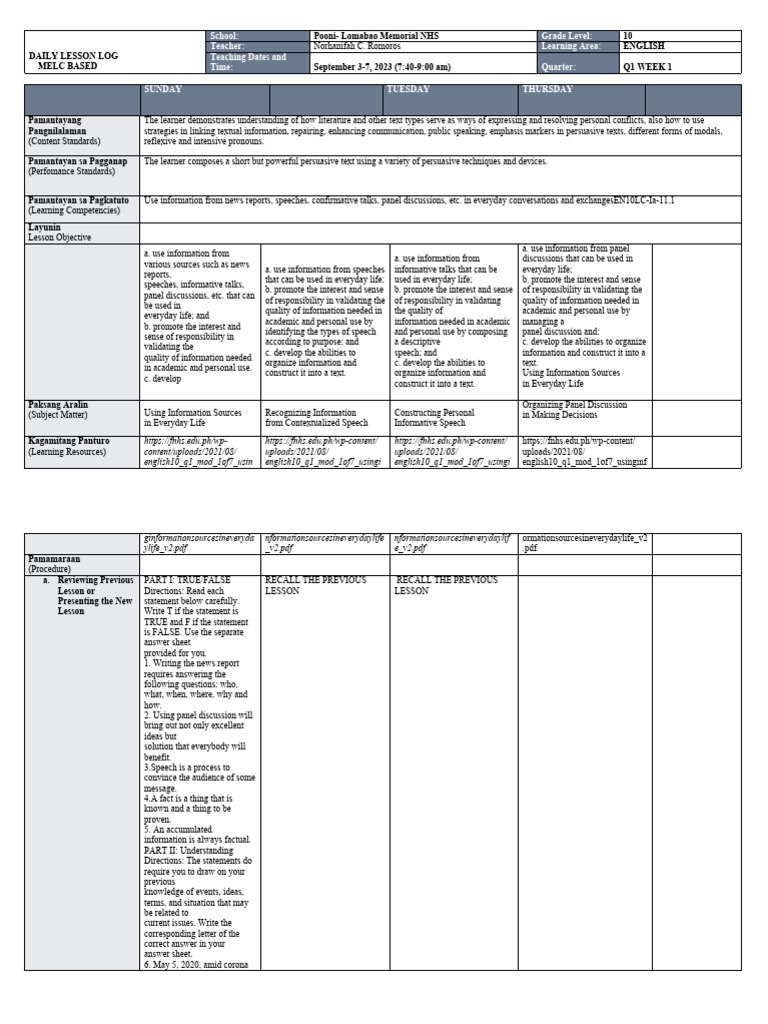 Melc DLL Eng 10 Week 1 q1 Done | PDF | Information | Learning
