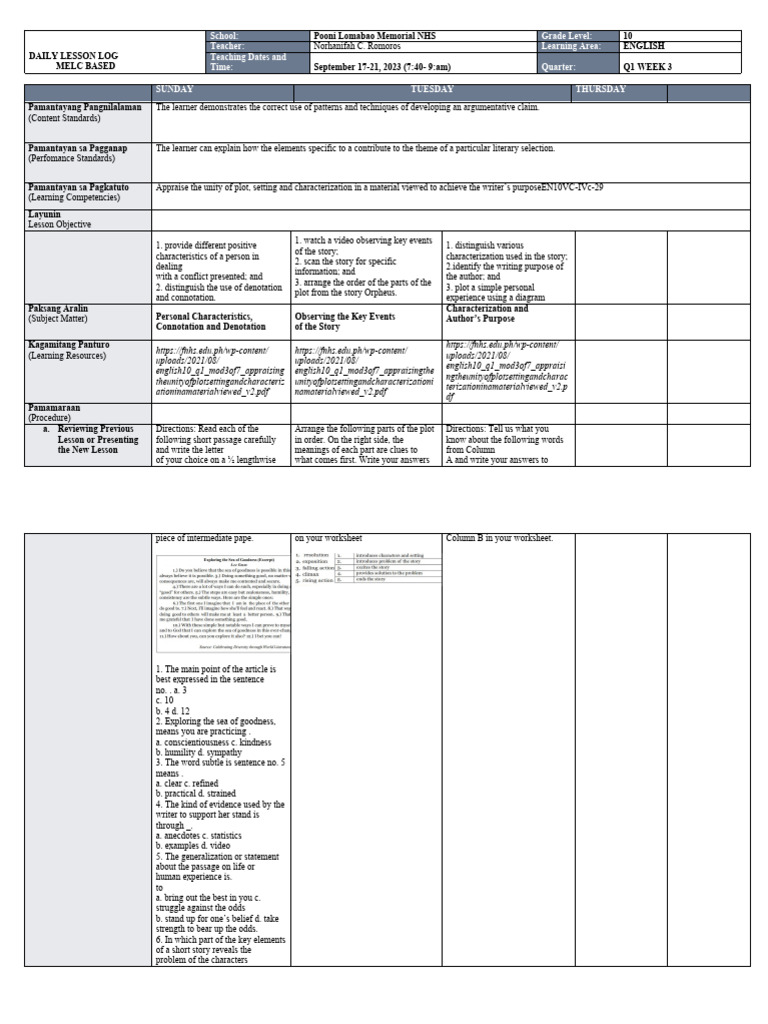 Melc DLL Eng 10 Week 3 Q1 Done | PDF | Orpheus | Learning