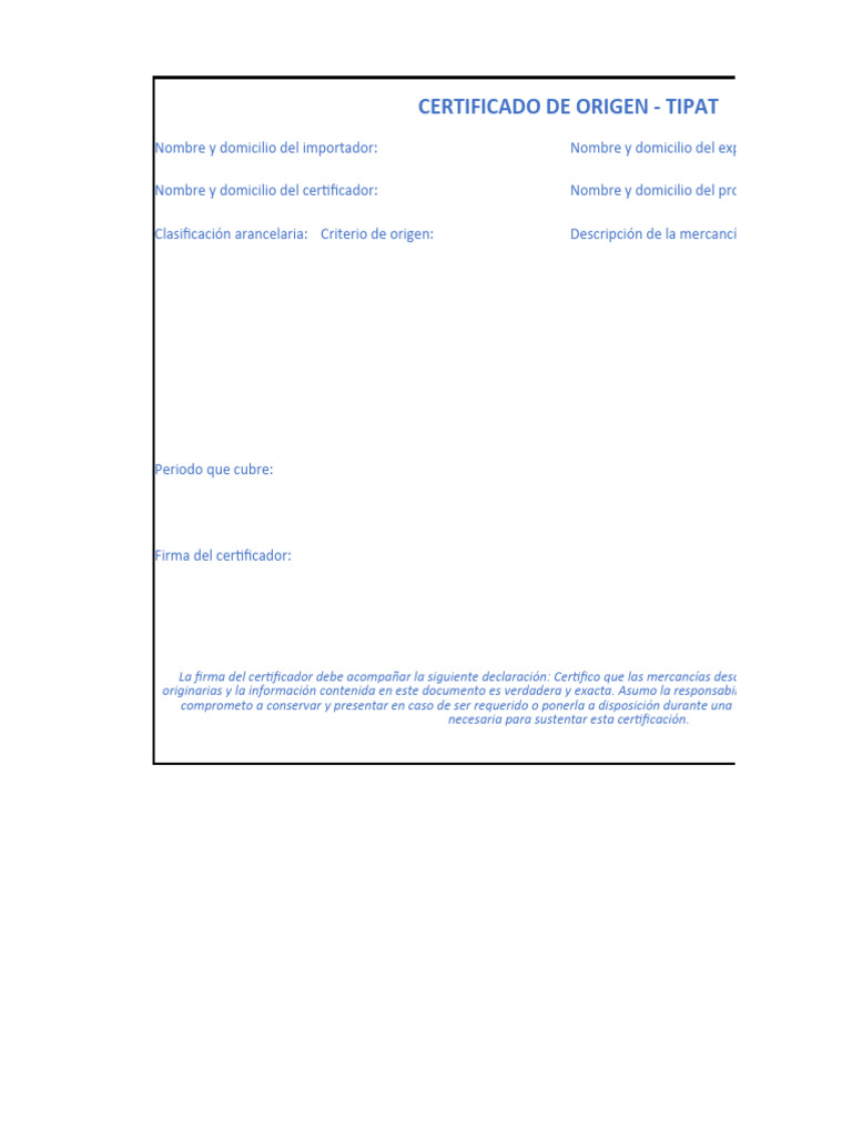 Formato de Certificado de Origen TIPAT/TMEC | PDF