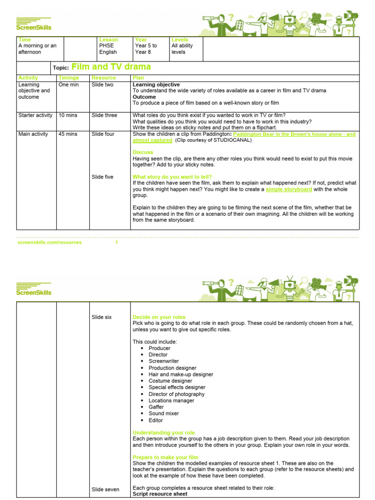Film and TV Drama Lesson Plan | PDF | Writing | Camera