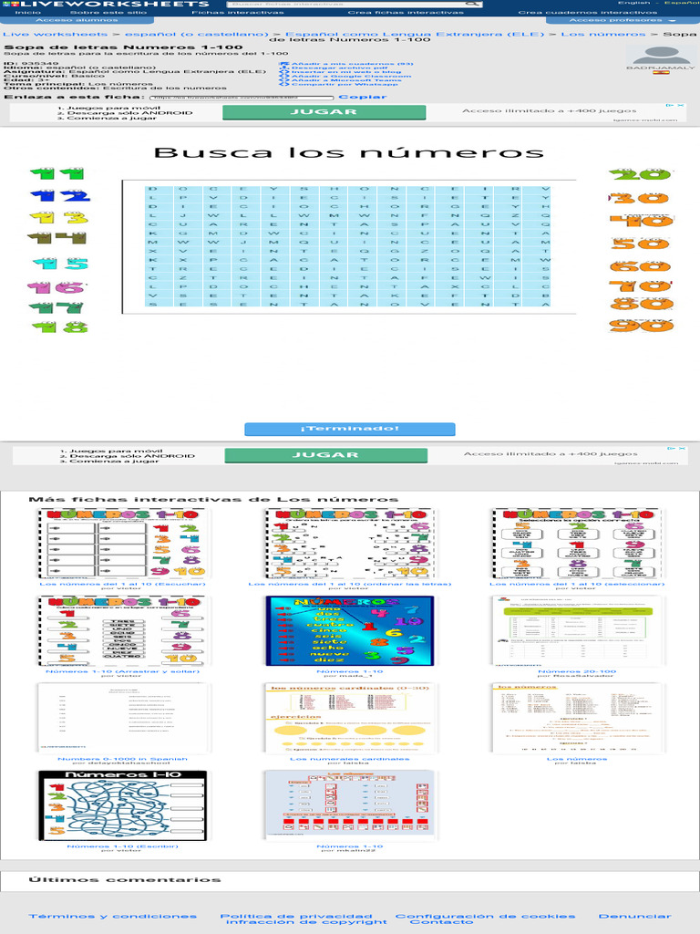 Ejercicio de Sopa de Letras Numeros 1-100 | PDF