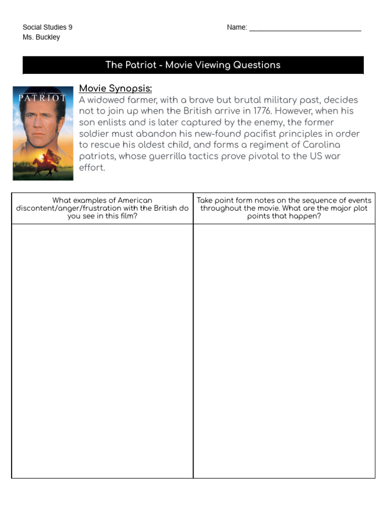 The Patriot Viewing Questions | PDF | Social Science | Travel