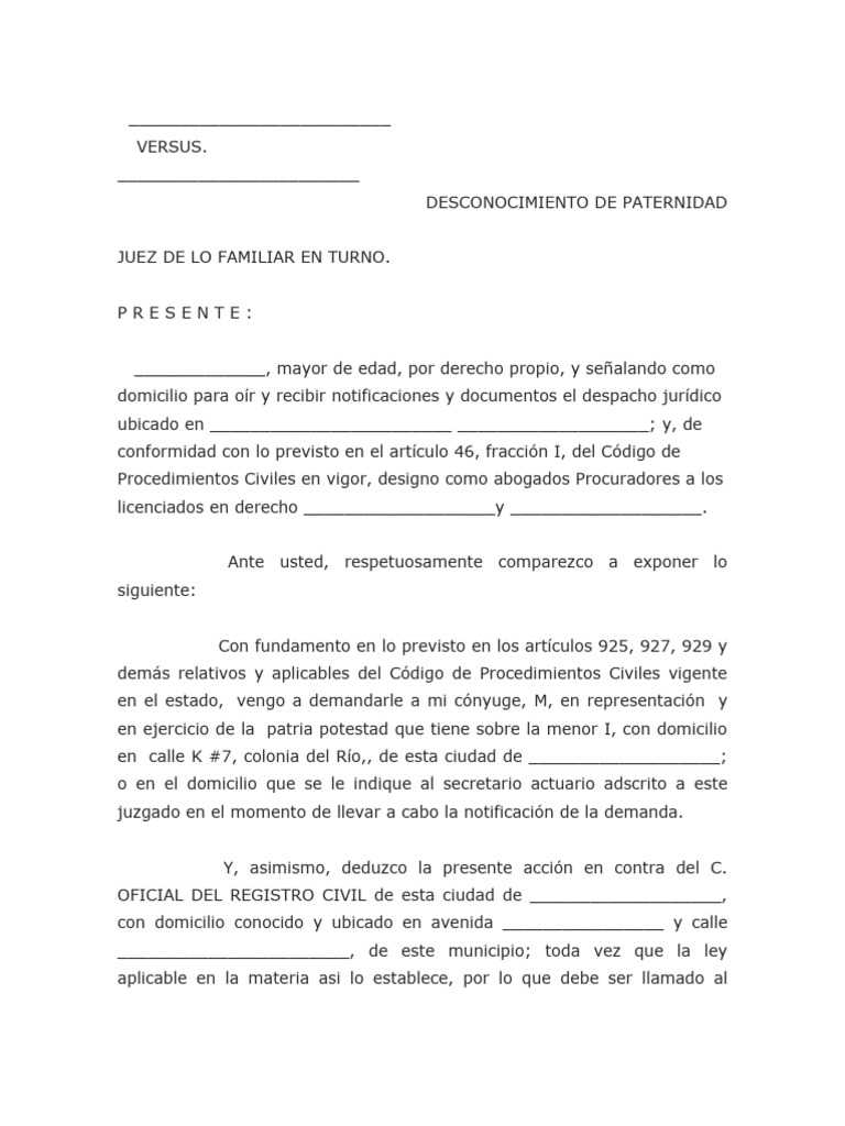 Demanda de Desconocimiento de Paternidad | PDF