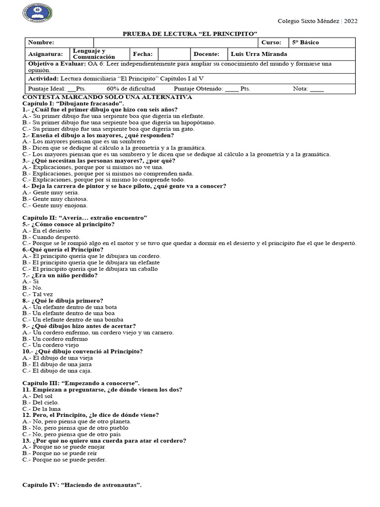 5° Prueba de Lectura El Principito 1 | PDF | El Principito