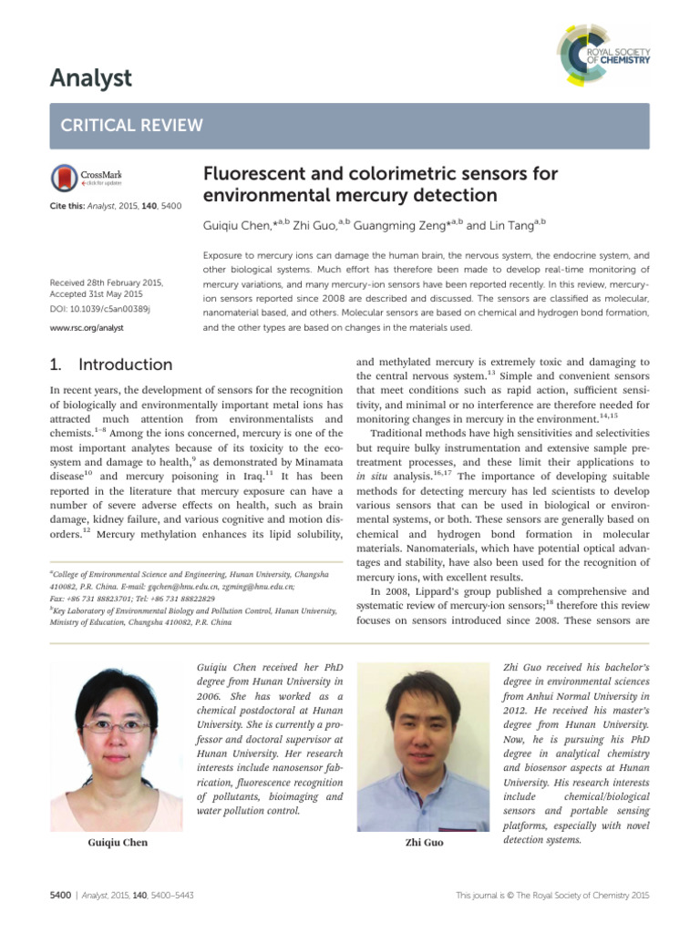 Analyst Fluorescent And Colorimetric Sensors For Environmental Mercury Detection Pdf