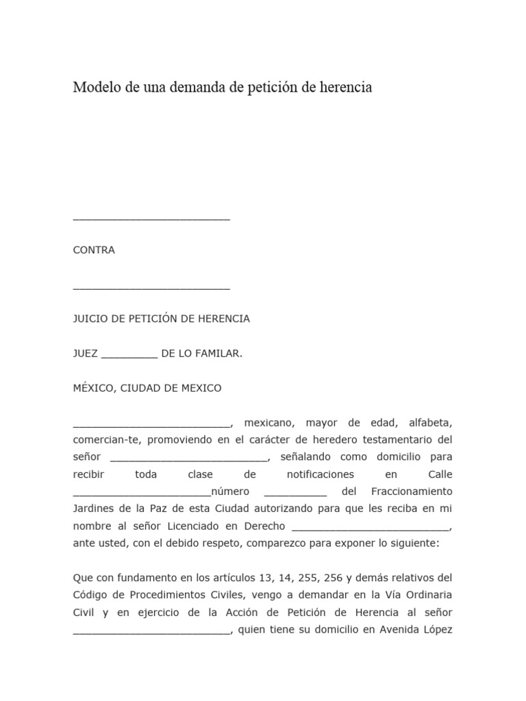 Modelo de Una Demanda de Petición de Herencia | PDF | Herencia | Justicia