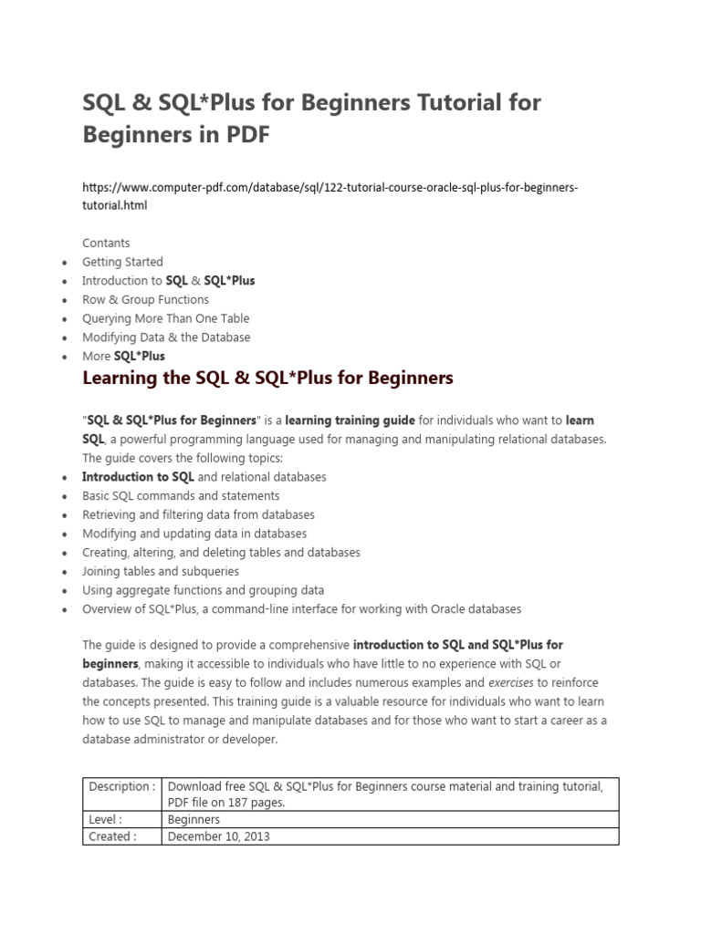 Sql And Sql Plus For Beginners Tutorial For Beginners In Pdf Pdf
