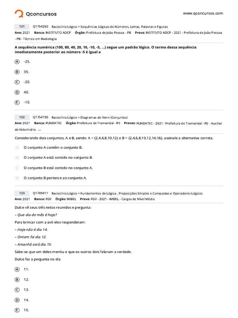 Questões de Concurso de 2021 Sobre Raciocínio Lógico Nível Médio ...