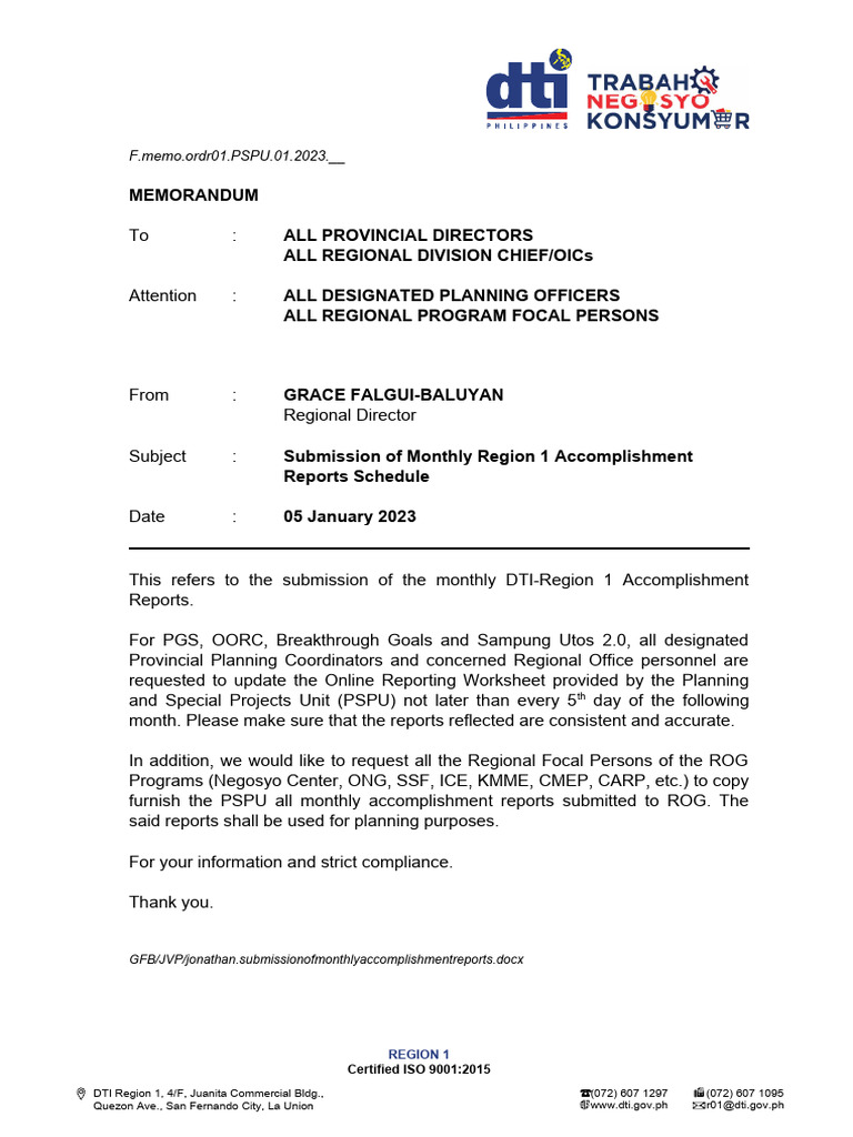 MEMO - Submission of Monthly Accomplishment Reports Schedule | PDF ...