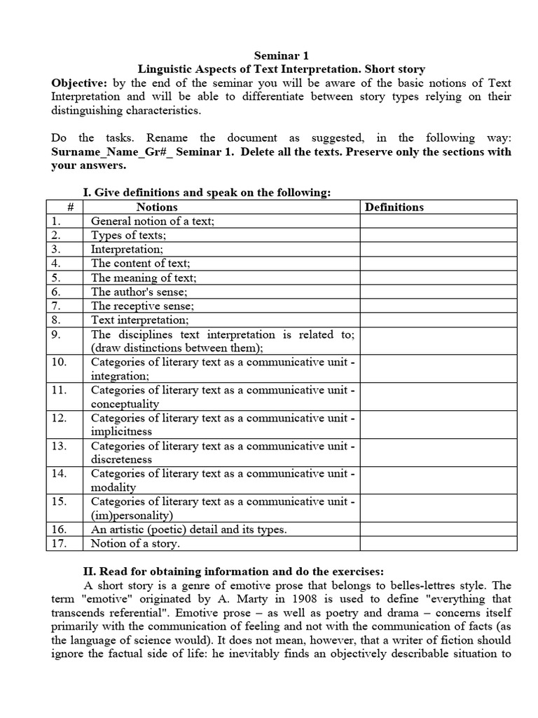 Seminar 1 Linguistic Aspects of Text Interpretation. Short Story | PDF ...