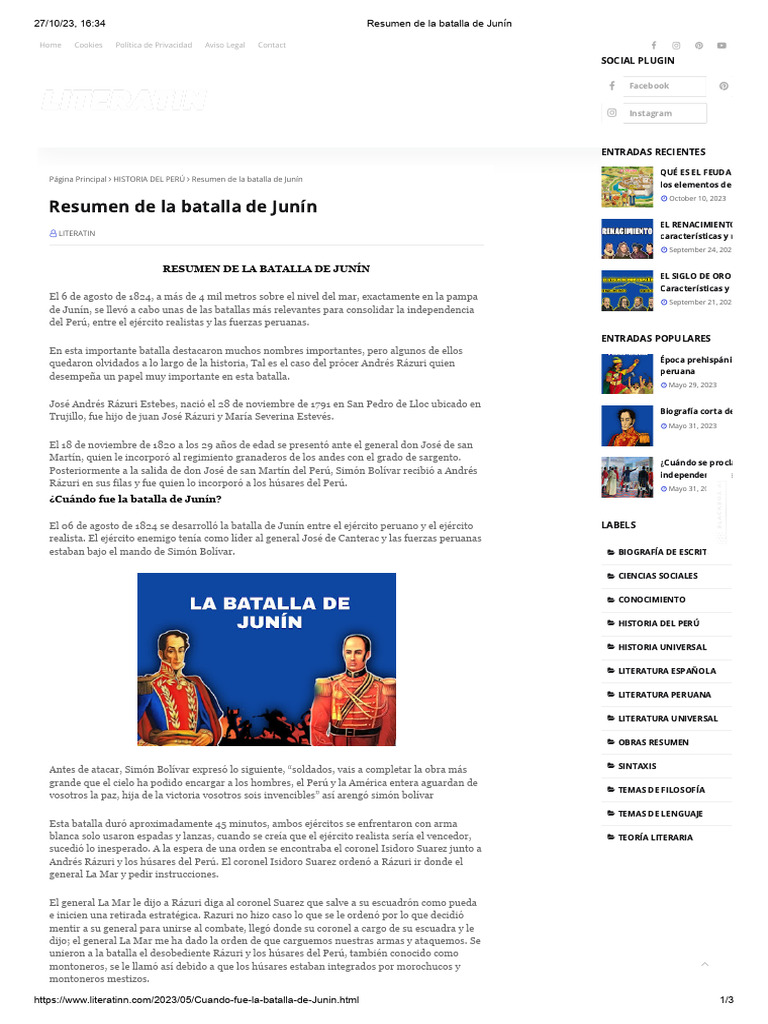 Resumen de La Batalla de Junín | PDF | Perú | Operaciones militares