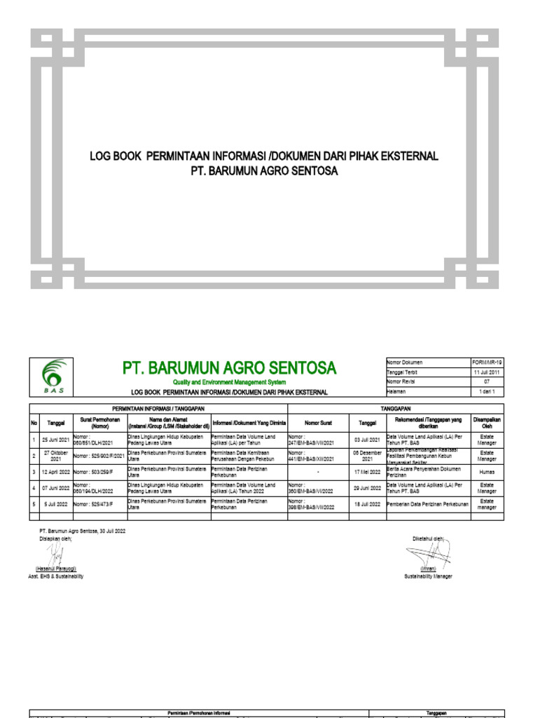 2023 FORM-MR 19 Log Book Permintaan Informasi Dokumen Dari Pihak ...