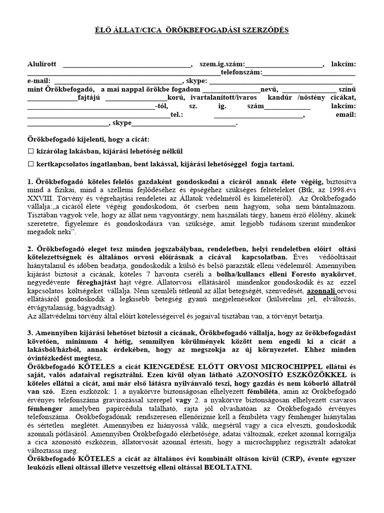 Orokbefogadasi Szerzodes Minta | PDF