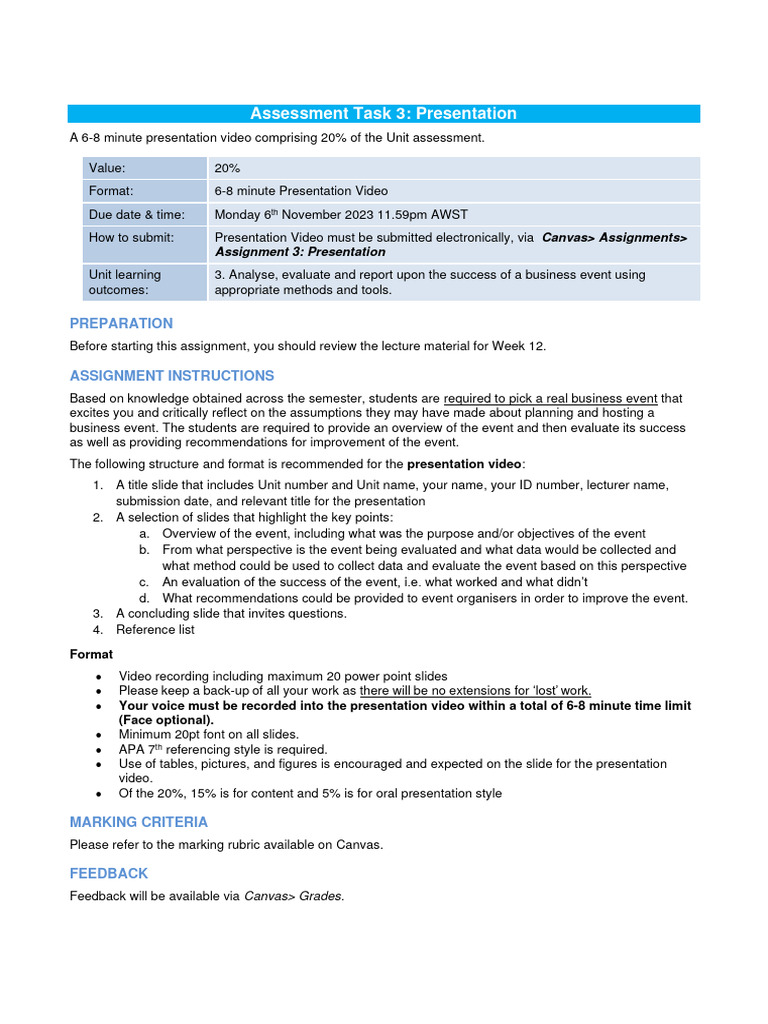 2023 Sem2 Assessment Task 3 - Instruction | PDF | Business