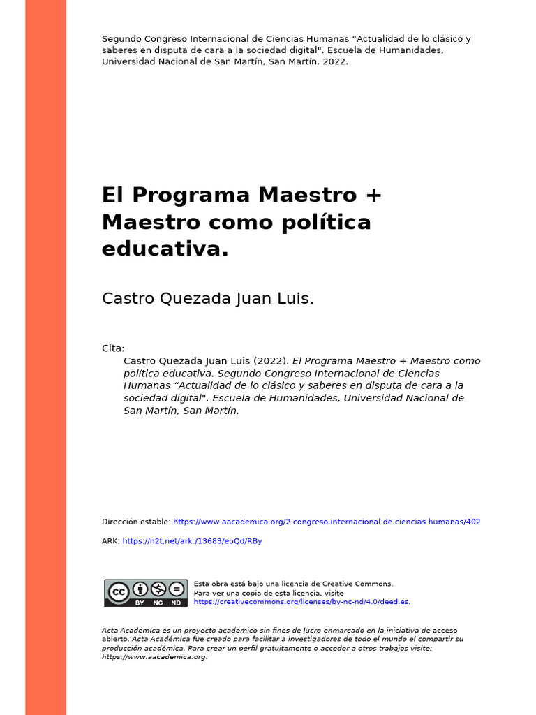 Castro Quezada Juan Luis (2022) - El Programa Maestro + Maestro Como Política Educativa | PDF ...