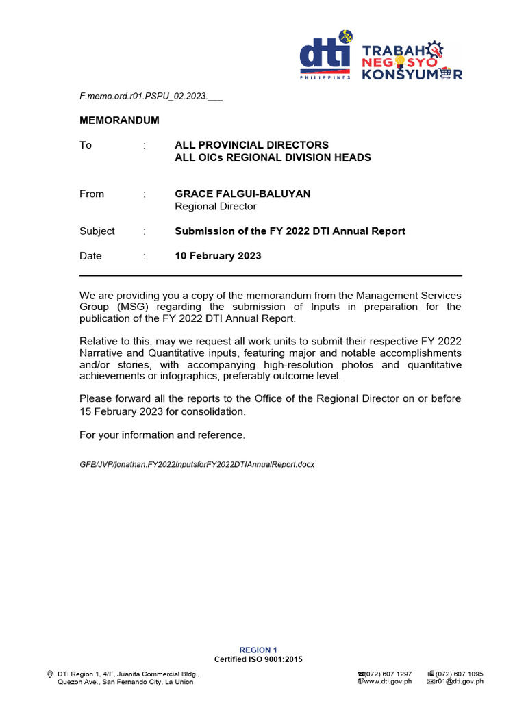 Memo - Inputs To The FY 2022 DTI Annual Report - POs | PDF