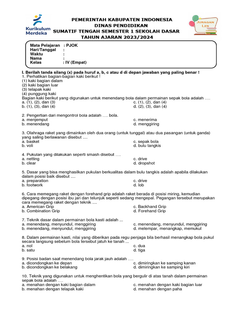 Soal PTS - STS PJOK Kelas 4 Semester 1 Kurikulum Merdeka T.A 2023-2024 | PDF