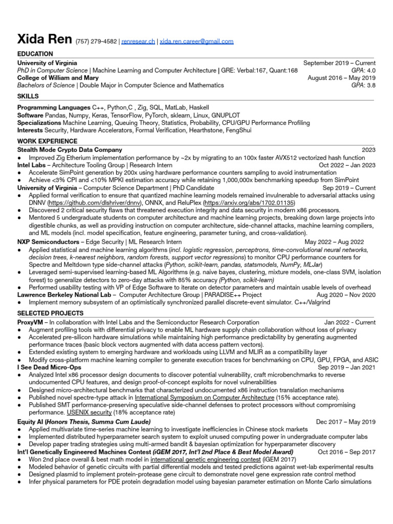 Resume XidaRen | PDF | Software Engineering | Computer Architecture
