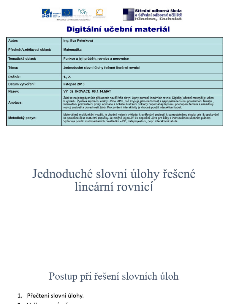DUM 14 Jednoduche Slovni Ulohy Resene Linearni Rovnici | PDF