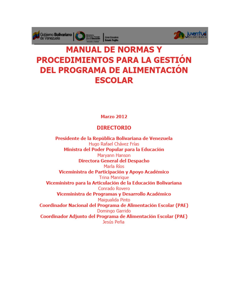 MANUAL DE NORMAS Y PROCEDIMIENTOS PARA LA GESTIÓN DEL PROGRAMA DE ALIMENTACIÓN ESCOLAR | PDF ...