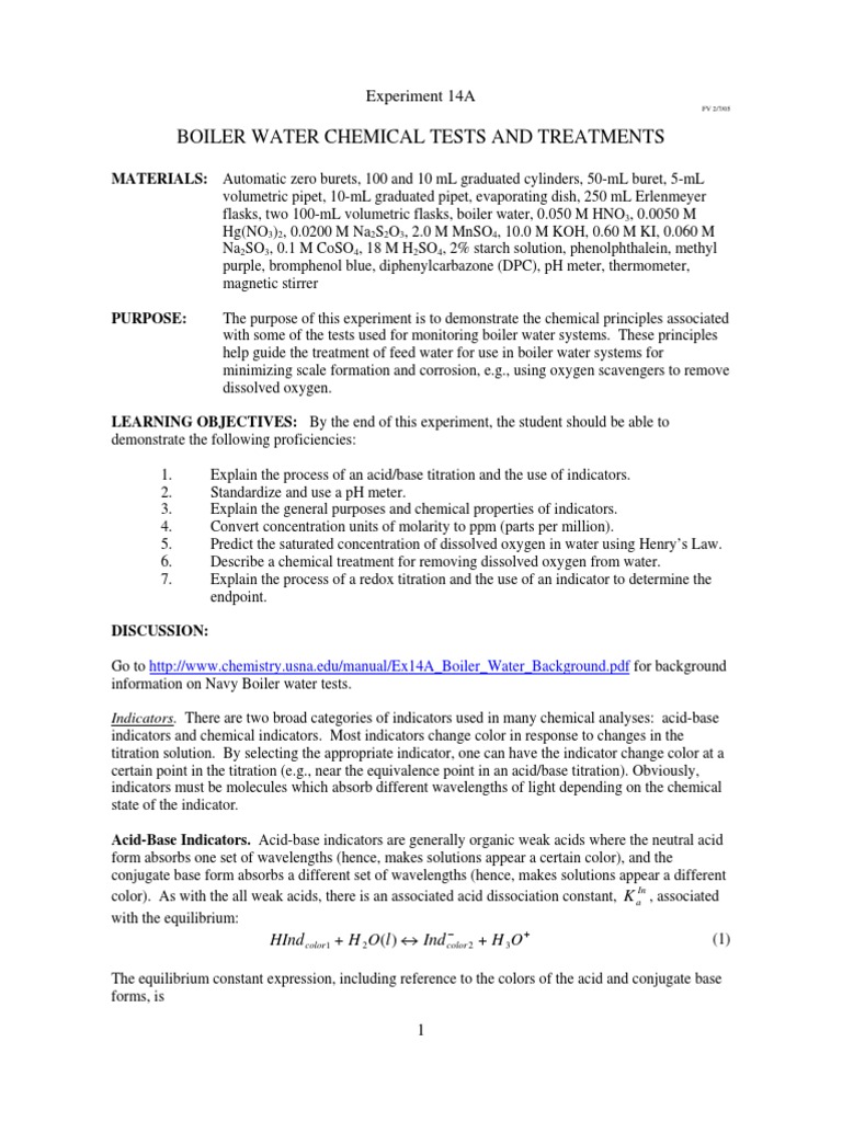 Boiler Water Chemical Tests & Treatments | PDF | Acid Dissociation ...