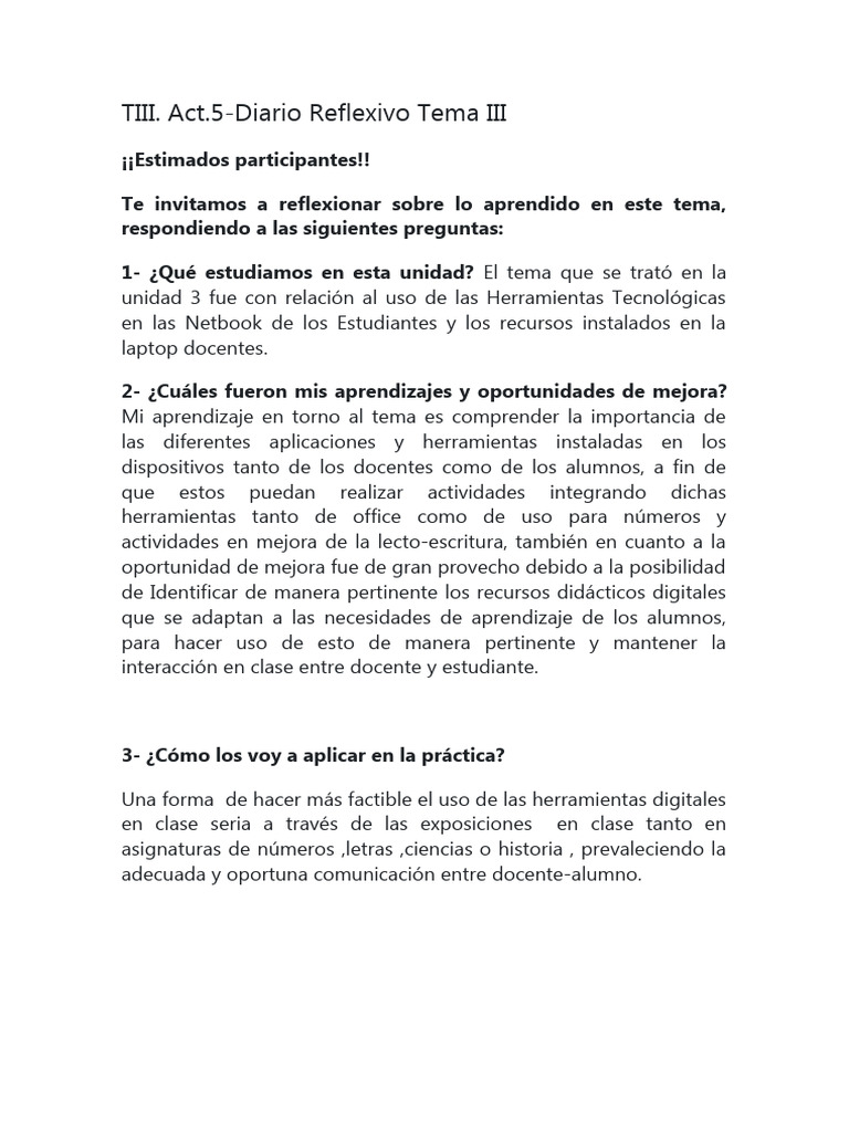 TIII. Act.5-Diario Reflexivo Tema III | PDF