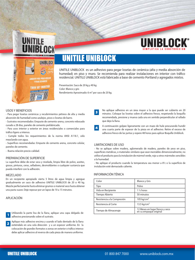 Adhesivo Unitile Uniblock Ficha Tecnica | PDF