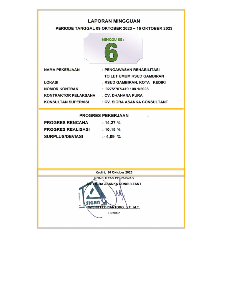 Lap Minggu - 6 Rehabilitasi Toilet Umum Rsud Gambiran | PDF | Teknologi & Rekayasa