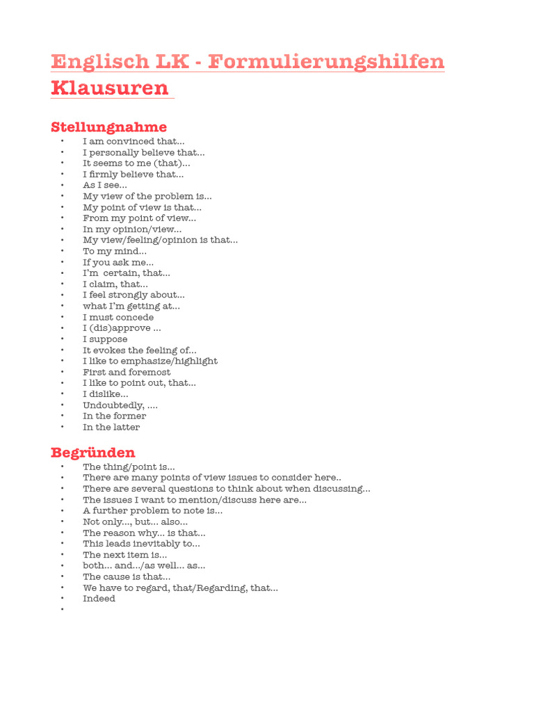Formulierungshilfen Englisch Mündlich | PDF | Narration | Linguistic ...