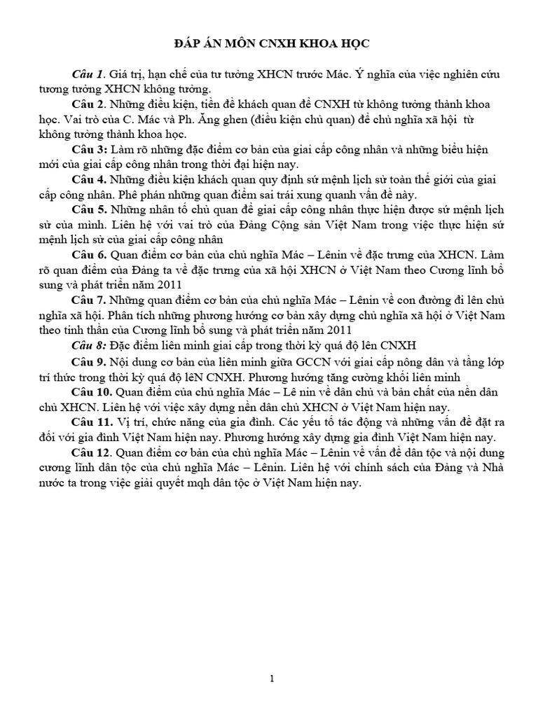 ĐÁP ÁN - CNXH KH (Thi Kết Thúc - Tháng 5) | PDF