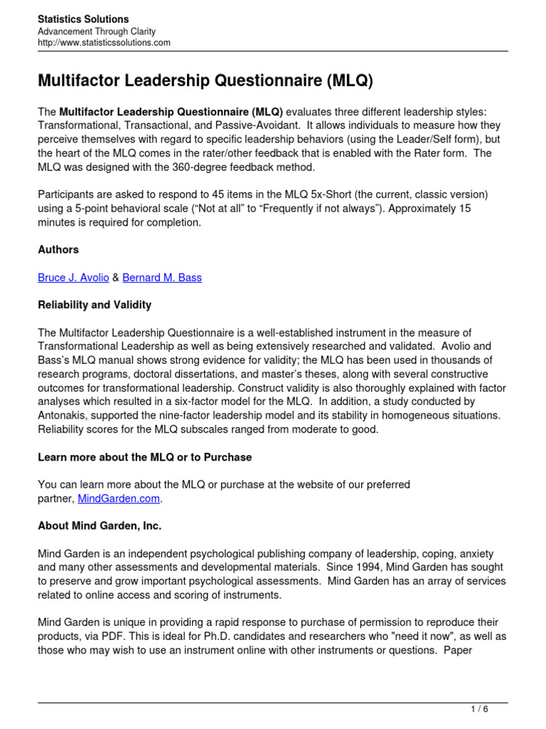 Multifactor Leadership Questionnaire MLQ | PDF | Career & Growth ...