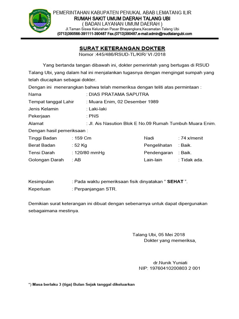 Surat Keterangan Sehat Rsud Talang Ubi | PDF