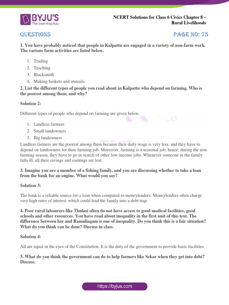NCERT Solutions For Class 6 Civics Chapter 8 Rural Livelihoods | PDF ...