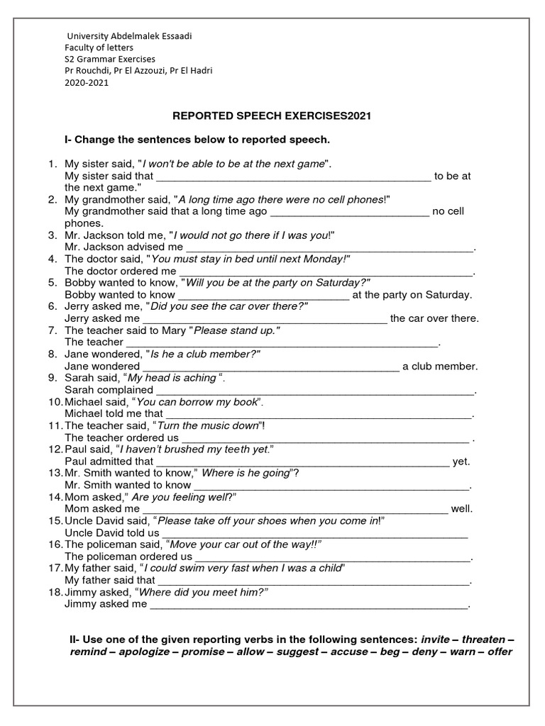 Reported Speech Exercises2021.1 | PDF