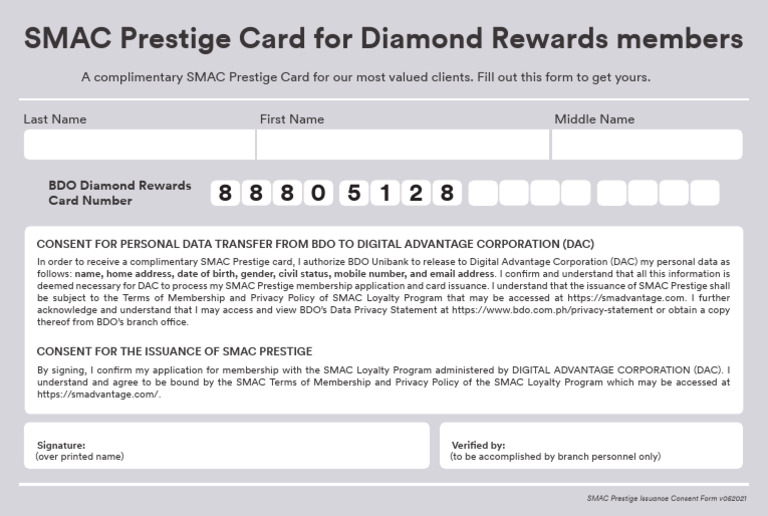 A Complimentary SMAC Prestige Card For Our Most Valued Clients. Fill ...