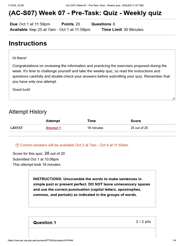 (AC-S07) Week 07 - Pre-Task - Quiz - Weekly Quiz - INGLES IV | PDF | Languages | Foreign ...