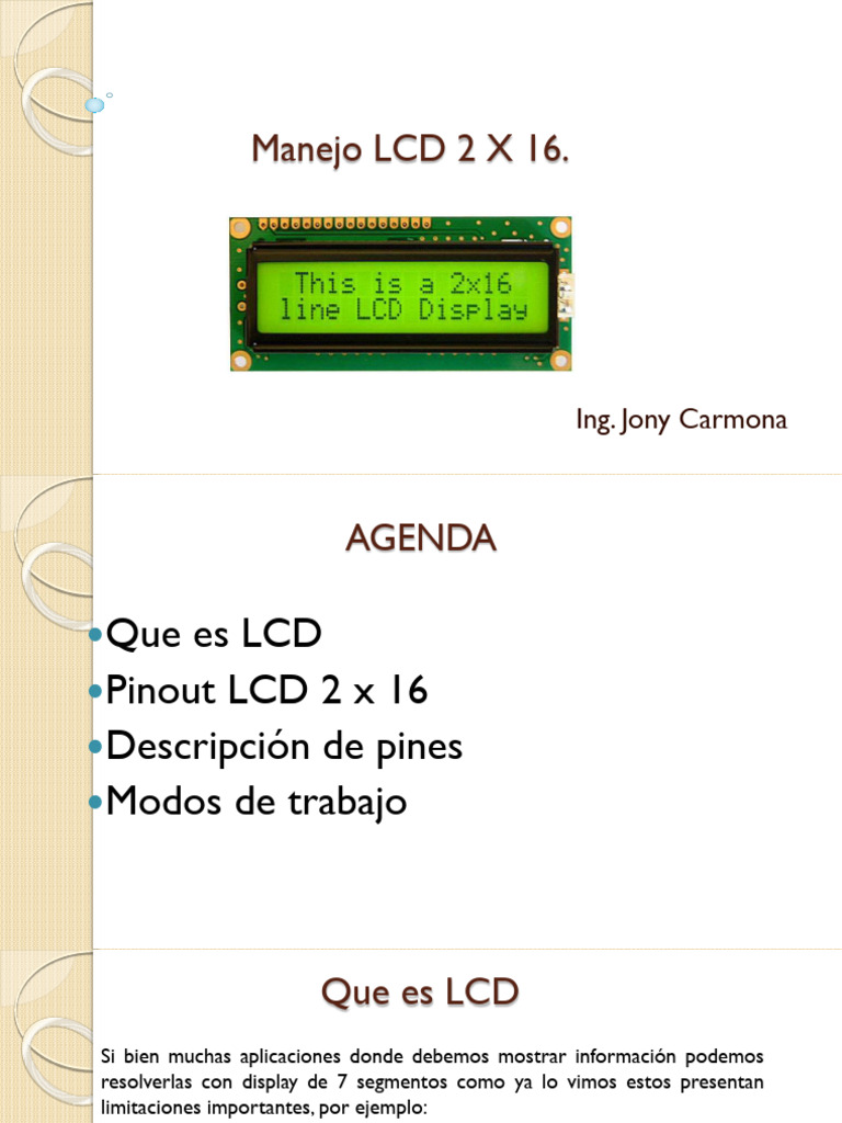 Manejo LCD 2 X 16 | PDF | Pantalla de cristal líquido | Poco