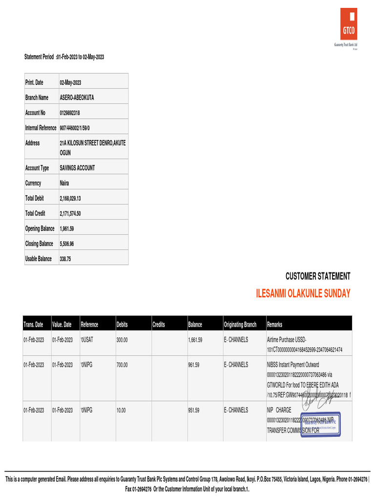 Ilesanmi Olakunle Sunday: Customer Statement | PDF