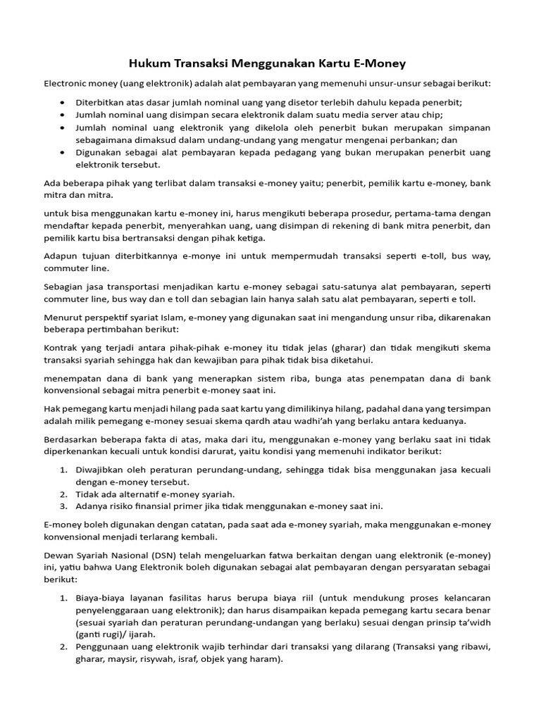 Hukum Transaksi Menggunakan Kartu E-Money | PDF | Pengelolaan Keuangan & Uang