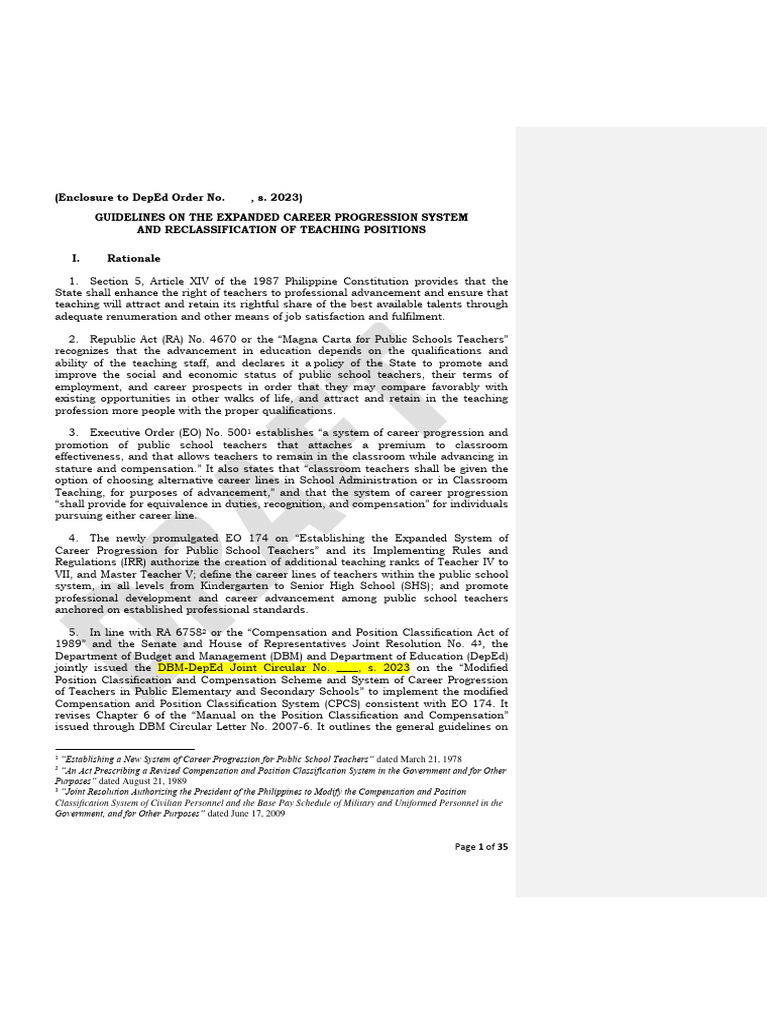 Draft DepEd Order - Guidelines On The ECP System and Reclassification (As of September 15, 2023 ...