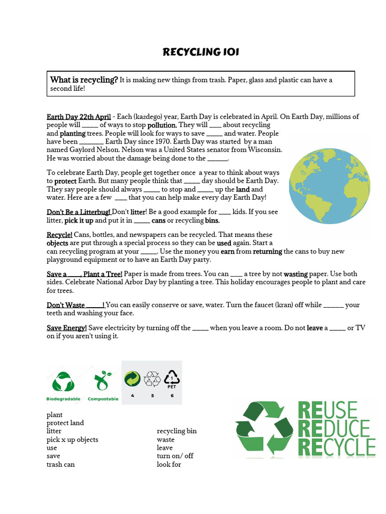 Earth Day Reading About Recycling Reading Comprehension Exercises ...