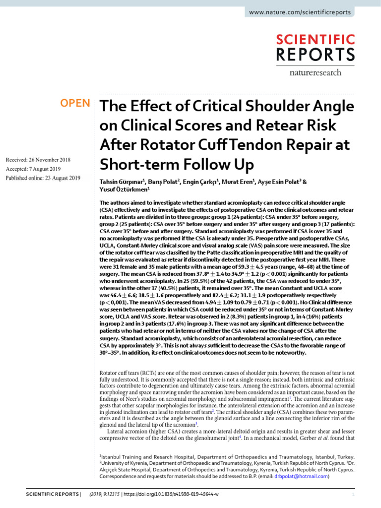 The Effect of Critical Shoulder Angle On Clinical Scores and Retear ...