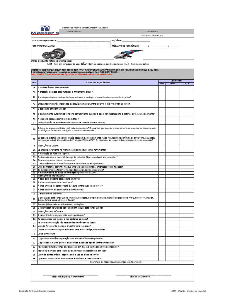 Cópia de COE-SA - HS.FOR.201 - CHECKLIST DE PRÉ USO - ESMERILHADEIRA E LIXADEIRA (410707 - 0) (1 ...