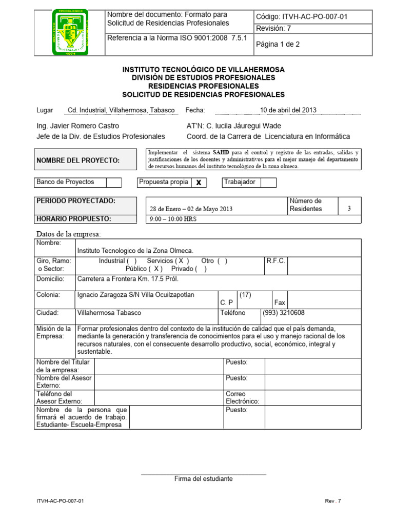 Formato de Solicitud de Residencias | PDF