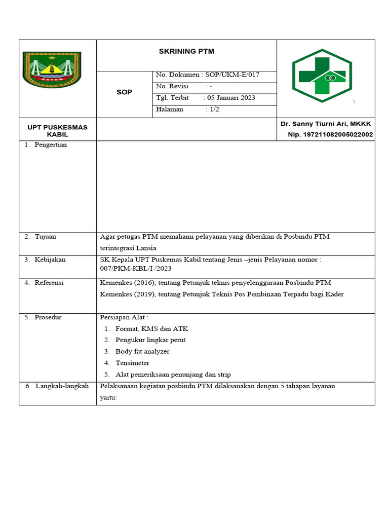 SOP Skrining Faktor Resiko PTM | PDF