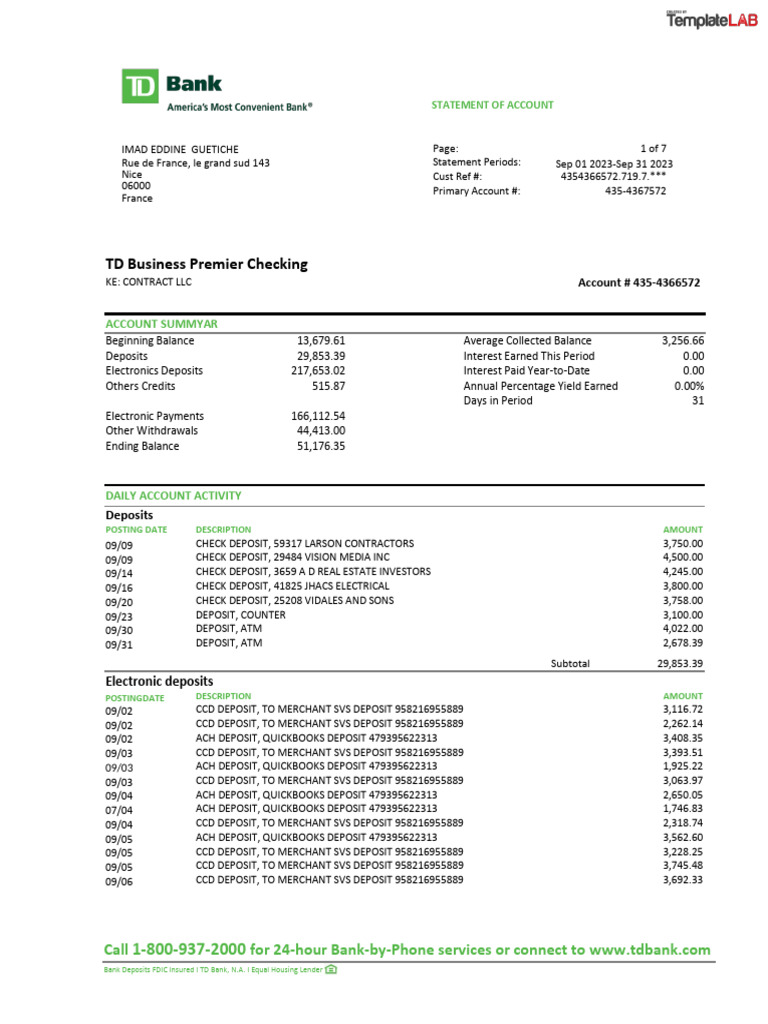 TD Business Premier Checking: Account # 435-4366572 | Download Free PDF ...