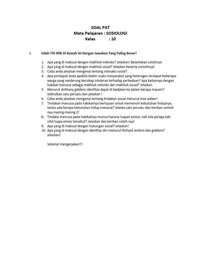 SOAL PAT Sosiologi Kelas 10 | PDF