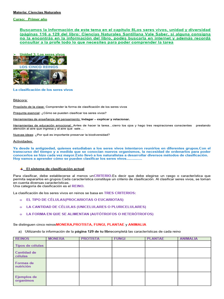 Unidad 3 Los Seres Vivos (Actividad 5) Clasificación de Los Seres Vivos ...