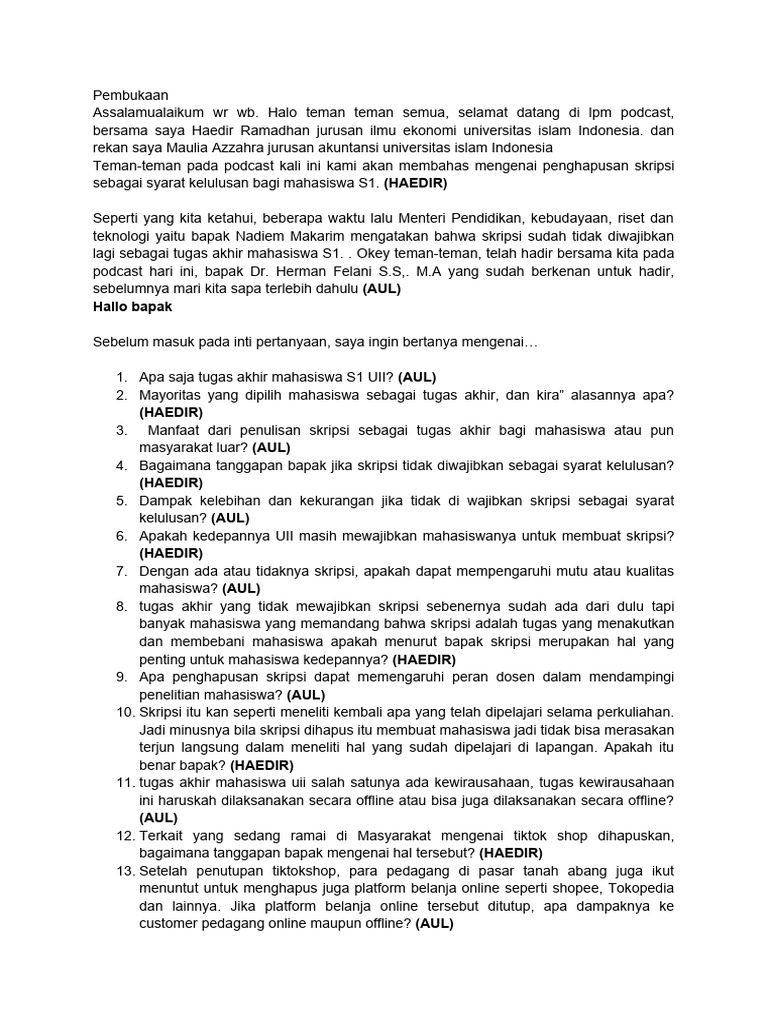 Script Podcast Magang LPM Ekonomika UII | PDF