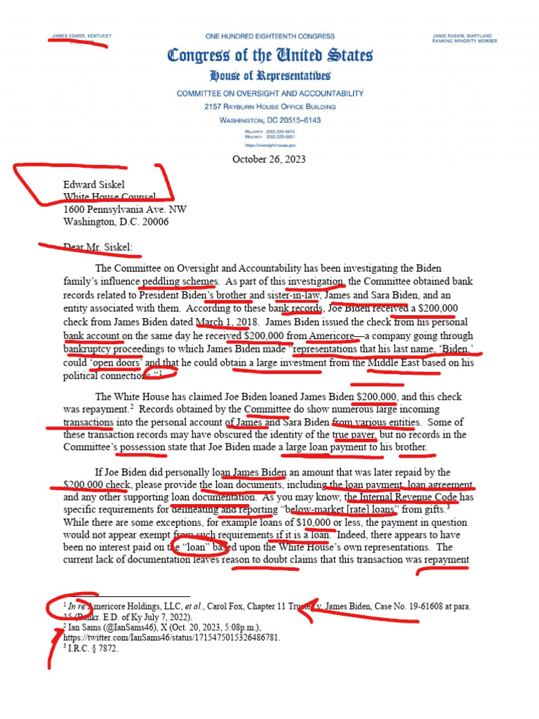 Comer Letter To Biden White House Counsel Siskel Re 200k Check and ...